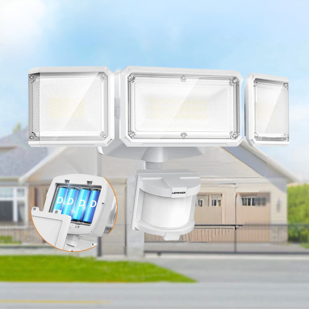 Battery Motion Secuirty Flood Light 3 Heads, 1500LM -White