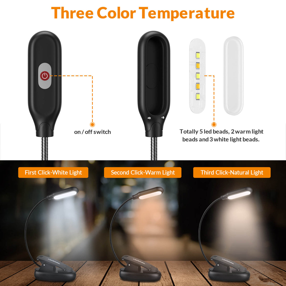 Small Clip-on Book Light, Battery & USB Operated LED Reading Lamp