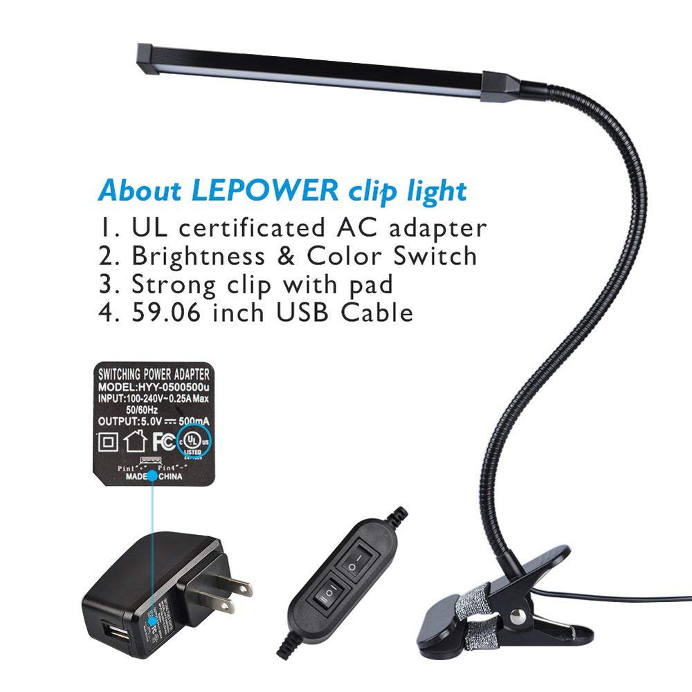 LED Clip-on Reading Light Long Bar USB Charging Gooseneck Adjustable