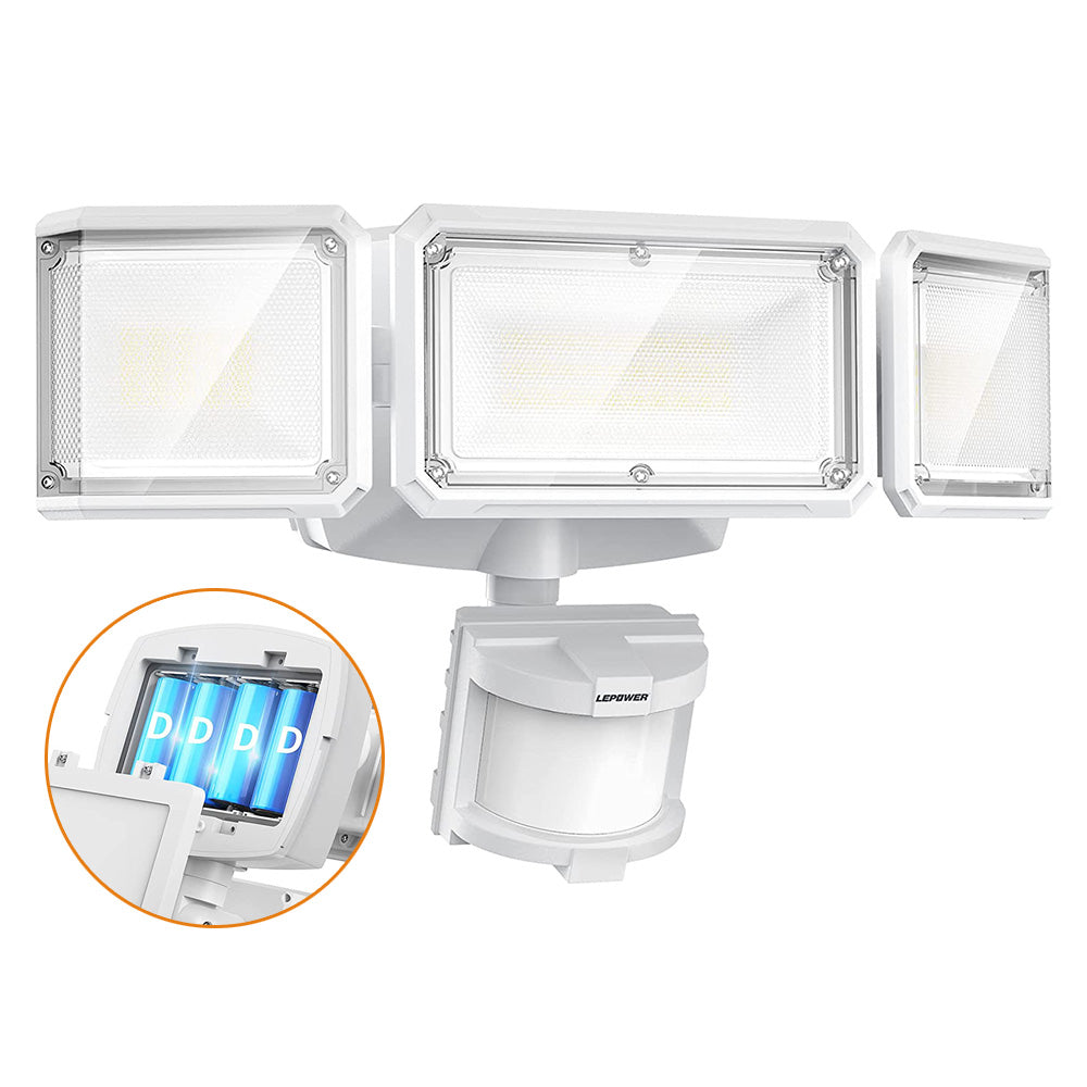 Battery Operated Motion Secuirty Flood Light 3 Heads1500LM -White